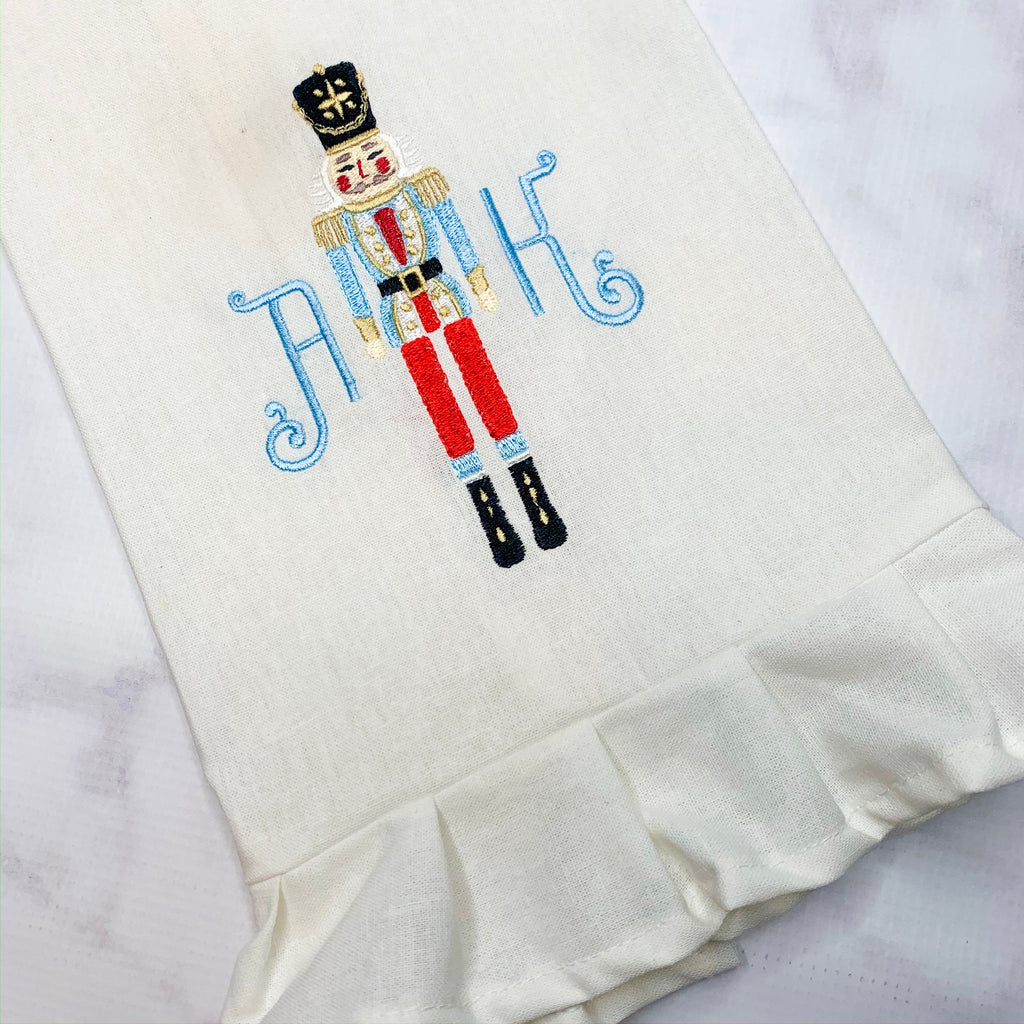 Christmas Nutcracker monogrammed ruffled linen Hand Towel — KJMonograms