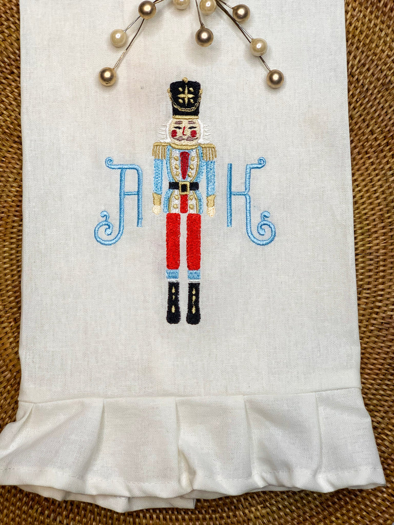 Christmas Nutcracker monogrammed ruffled linen Hand Towel — KJMonograms